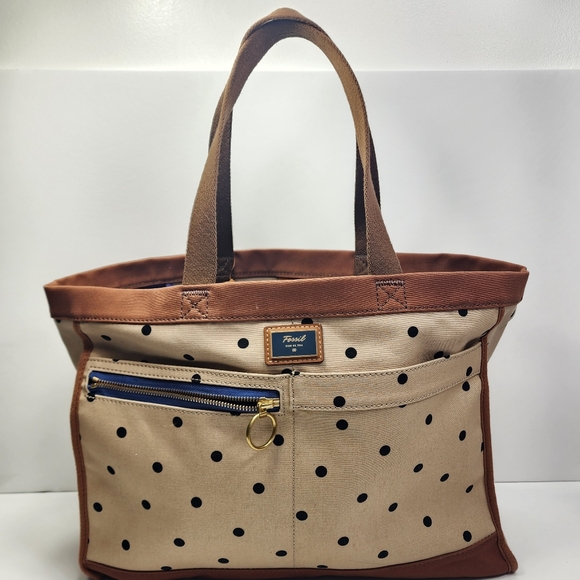 Fossil | Bags | Fossil Tote Bag Polka Dot Weekender Natural Passport ...